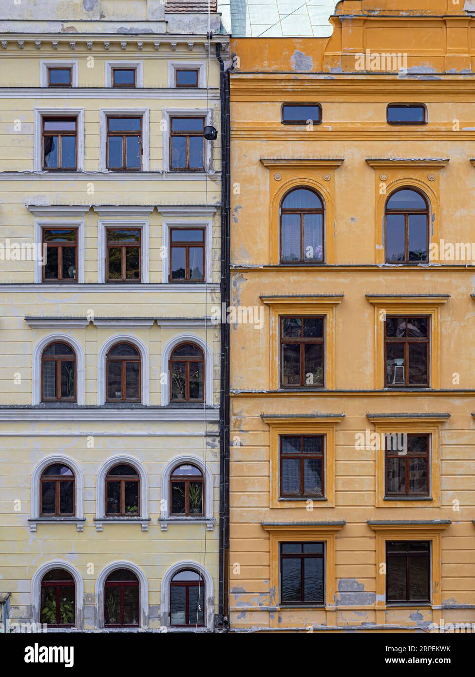 Old tall buildings on the eastern, Old Town bank of Vltava River ...