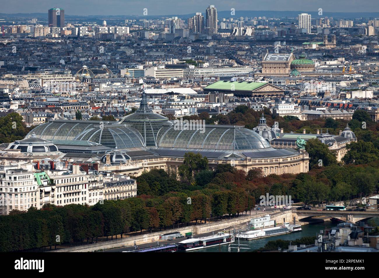 Aerial view of the Grand Palais and Petit Palais alongside the Seine ...