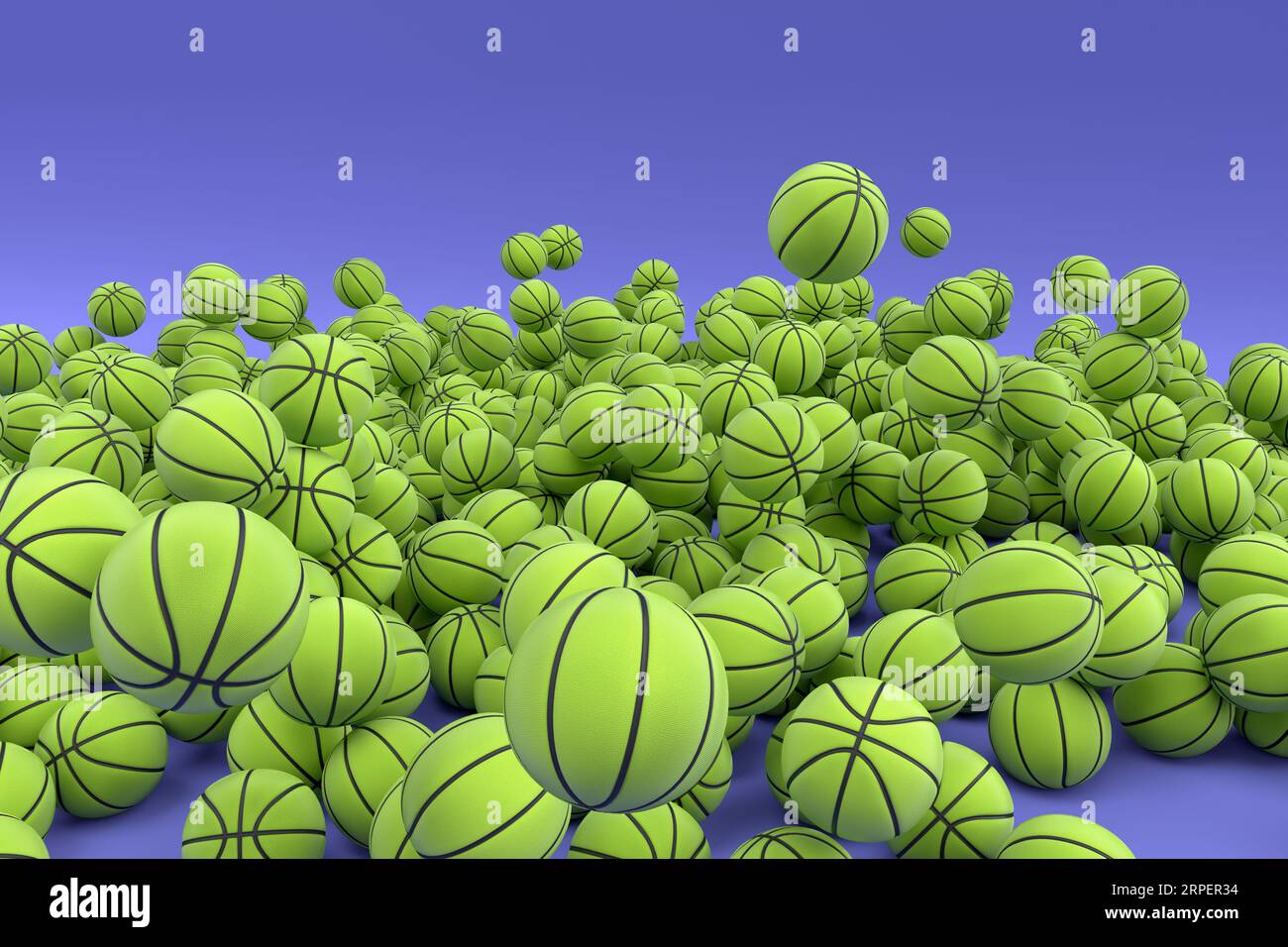 Many of flying green basketball ball falling on violet background. 3d ...
