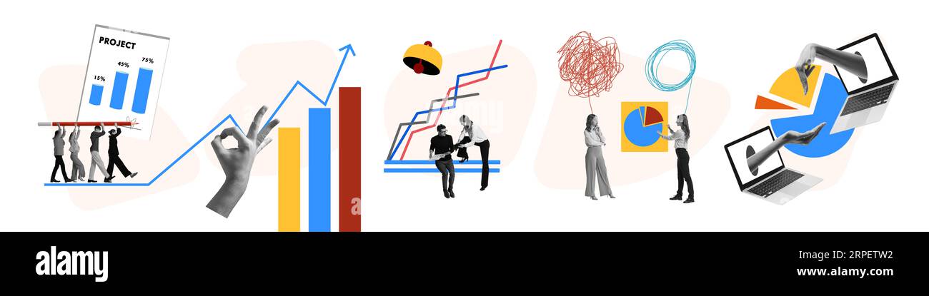 Business people, colleagues working with graphs, analytics and building ...