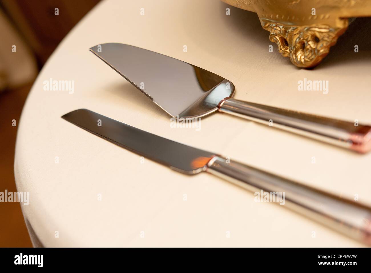 Two metallic knives placed in parallel to one another alongside a knife ...