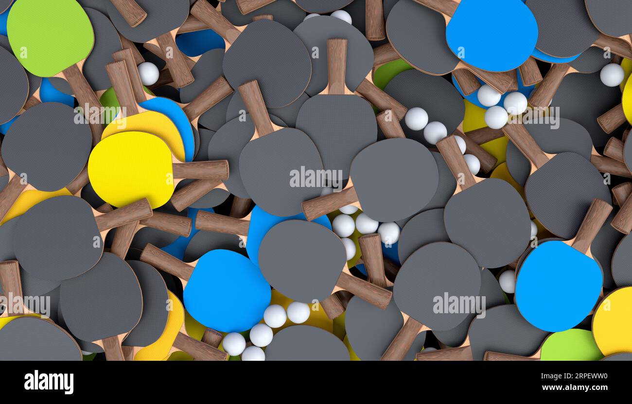 Pile of sport equipment like ping pong racket for table tennis on white ...