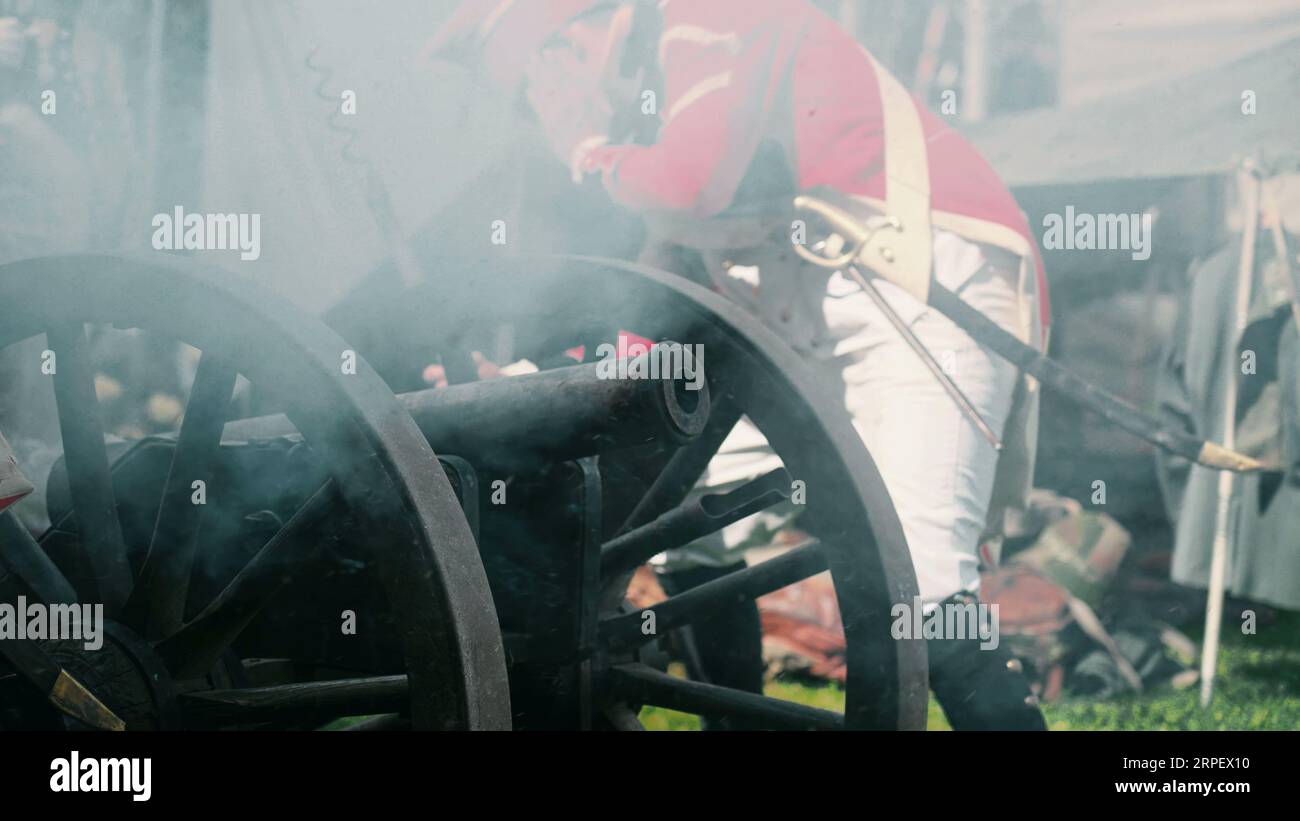 Ancient Detonation scene of Soldiers Firing Antique Cannon in ...