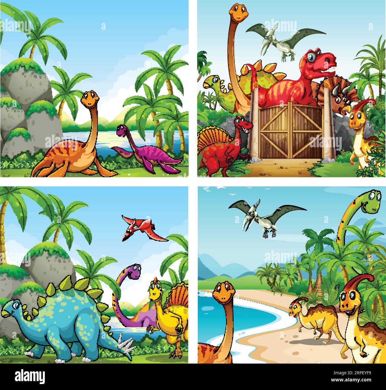 Four scenes of dinosaurs in the park Royalty Free Vector Stock Vector ...