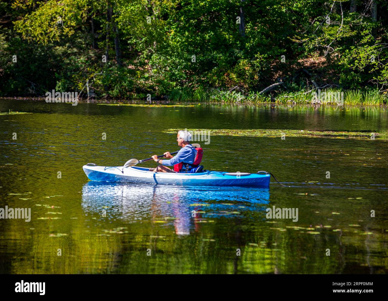 Senior male paddling a kayak on a lake Stock Photo - Alamy