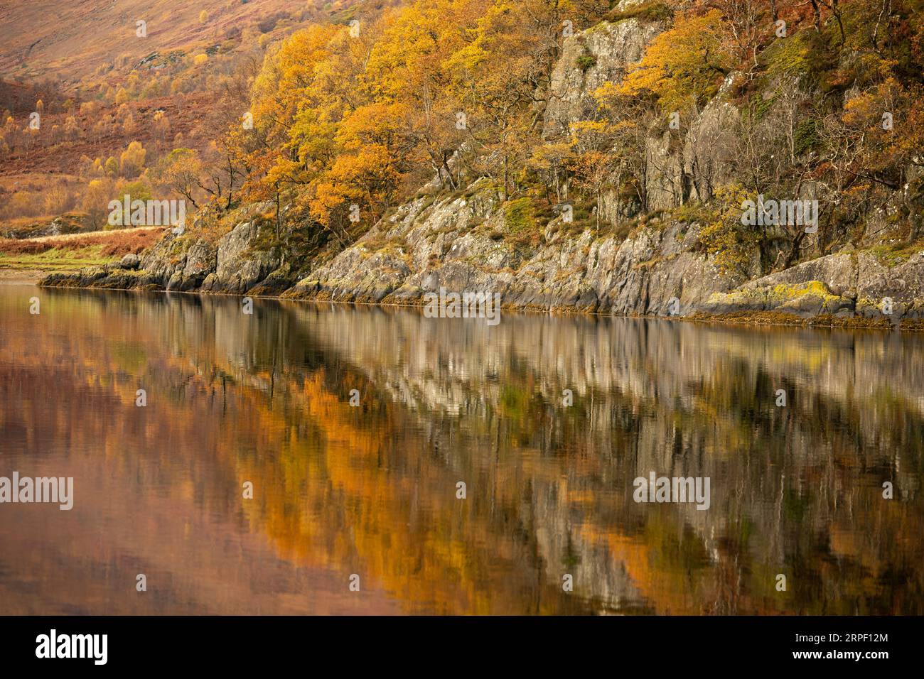 Vibrant autumn colours reflected on Loch Leven near Kinlochleven ...