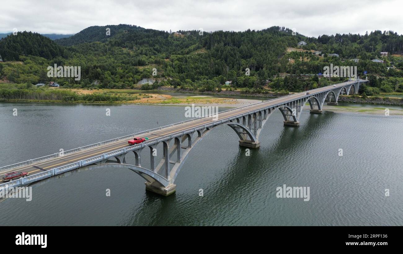Aerial drone photo of the Wedderburn Bridge outside Gold Beach on the ...