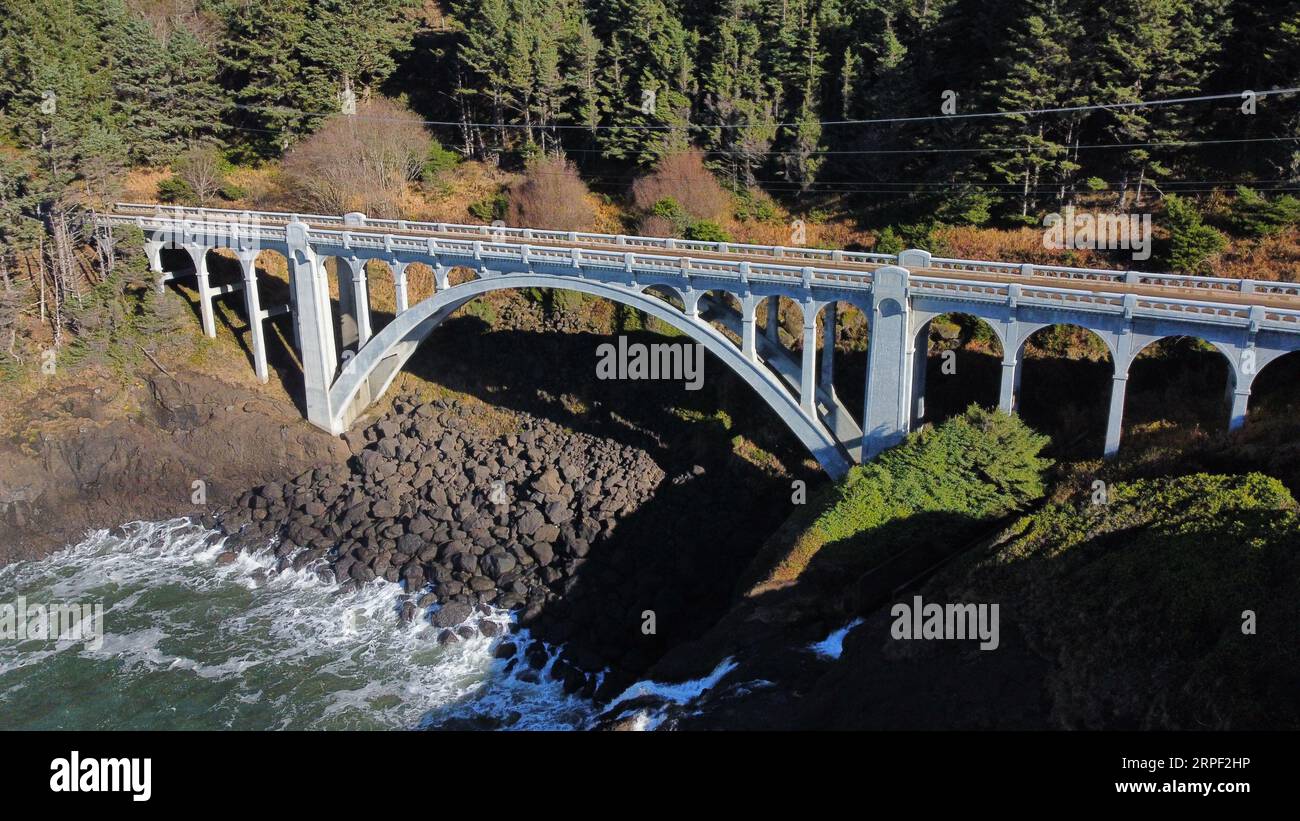 Aerial drone photo of the Ben Jones Bridge outside Depoe Bay on the ...