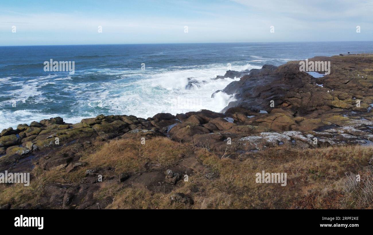 Aerial drone photo of waves crashing in Boiler Bay on the Oregon Coast ...