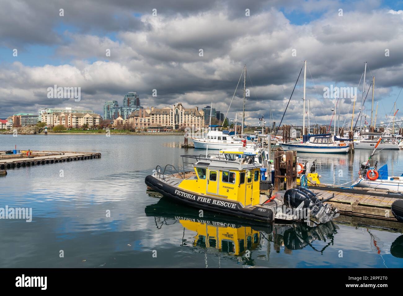 A fire rescue boat in the inner harbour of Victoria, Vancouver Island ...
