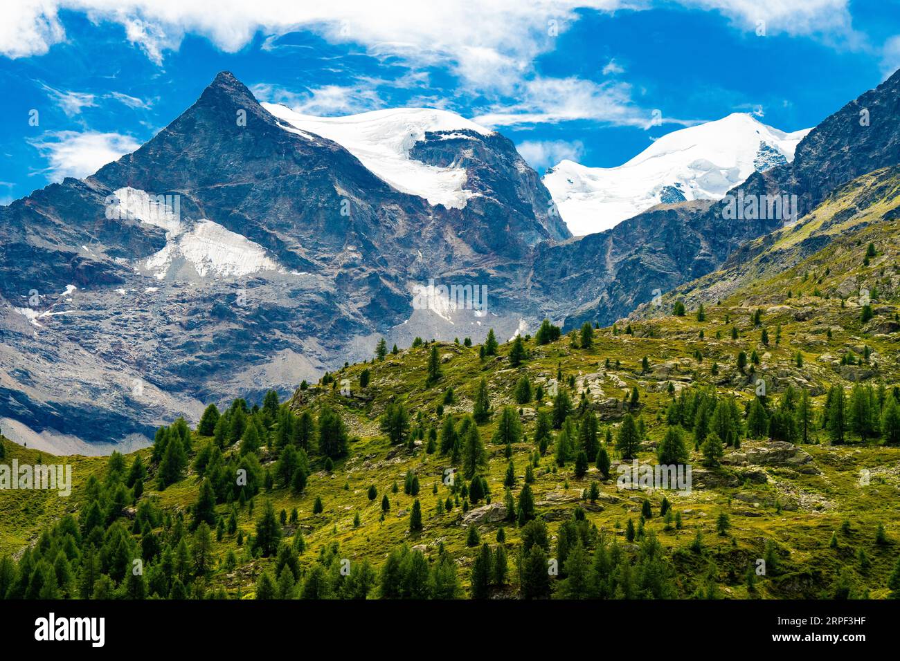 Amazing snowcapped mountain of the Swiss Alps with a grassy mound and ...