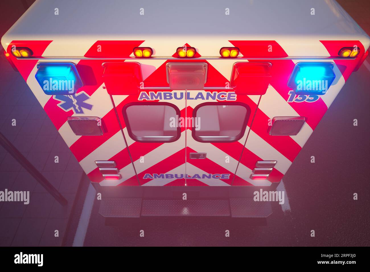 Ambulance truck lights flashing in a closeup. Back door closed ...