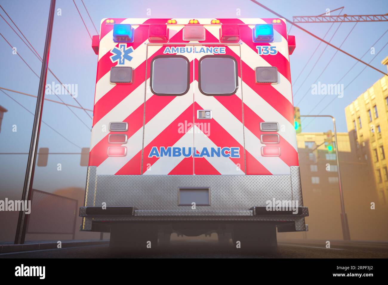 Ambulance truck lights flashing in a closeup. Back door closed ...