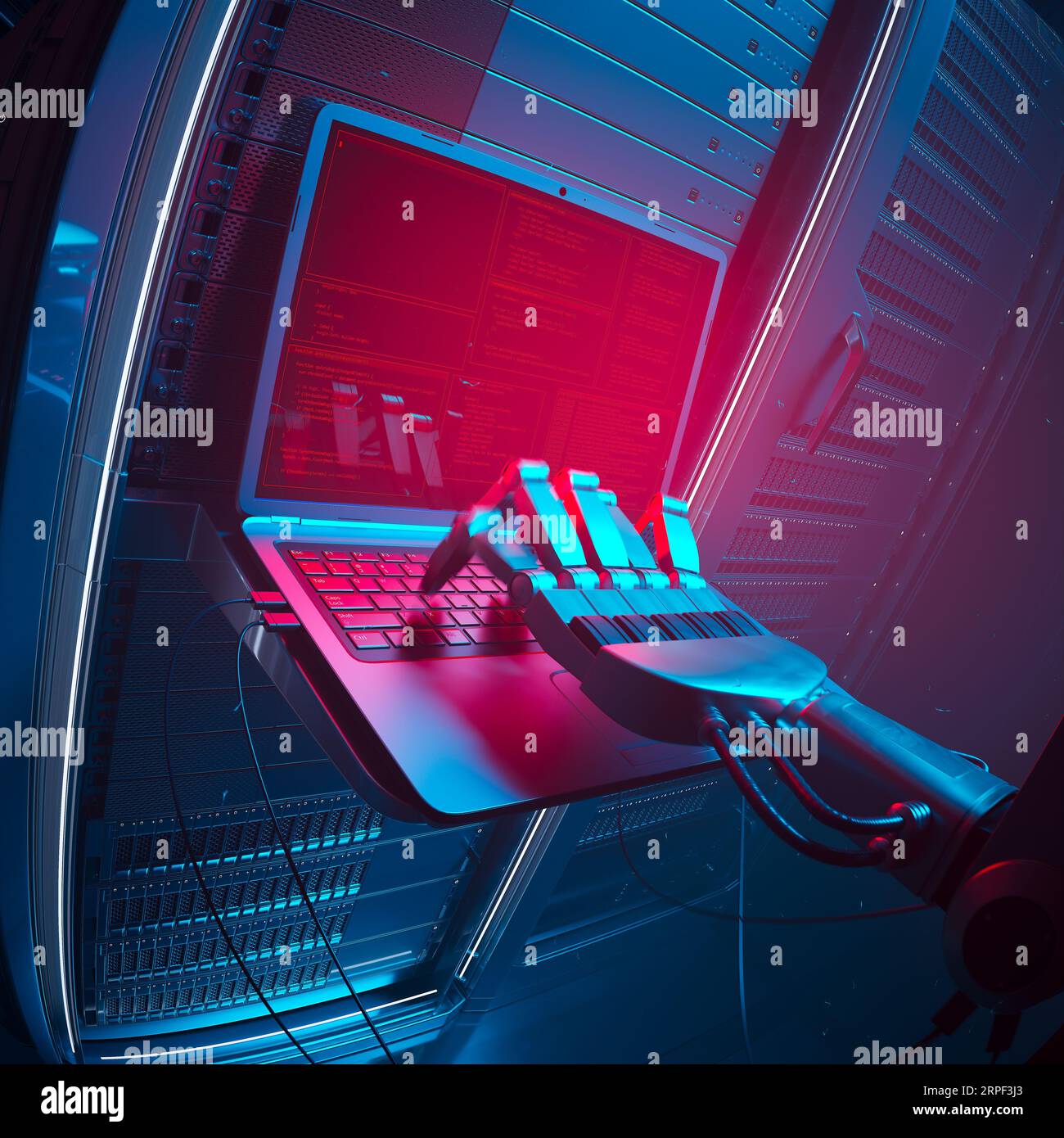 Robot hacking servers. AI hacker. Mechanical robot hand typing on the ...