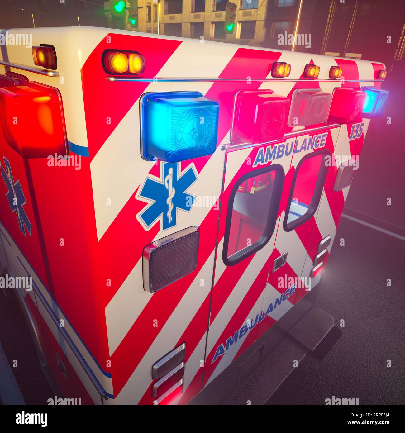 Ambulance truck lights flashing in a closeup. Back door closed ...