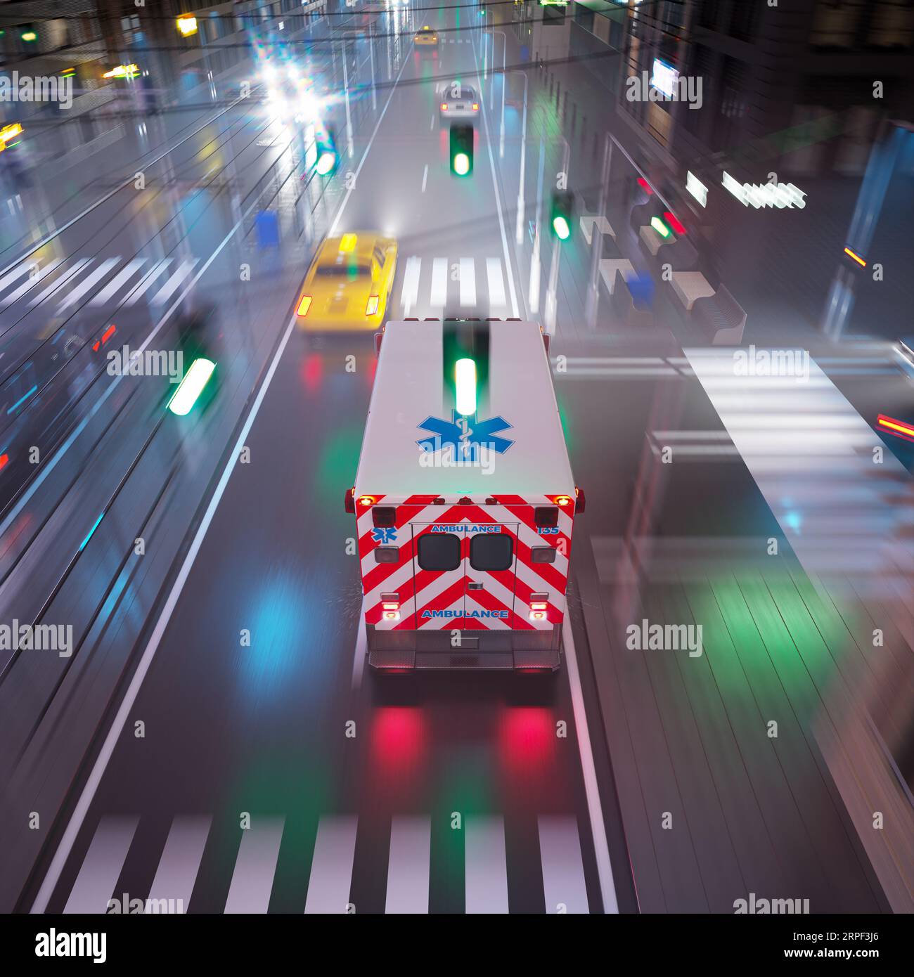 An emergency ambulance on the signal goes through a city streets during ...