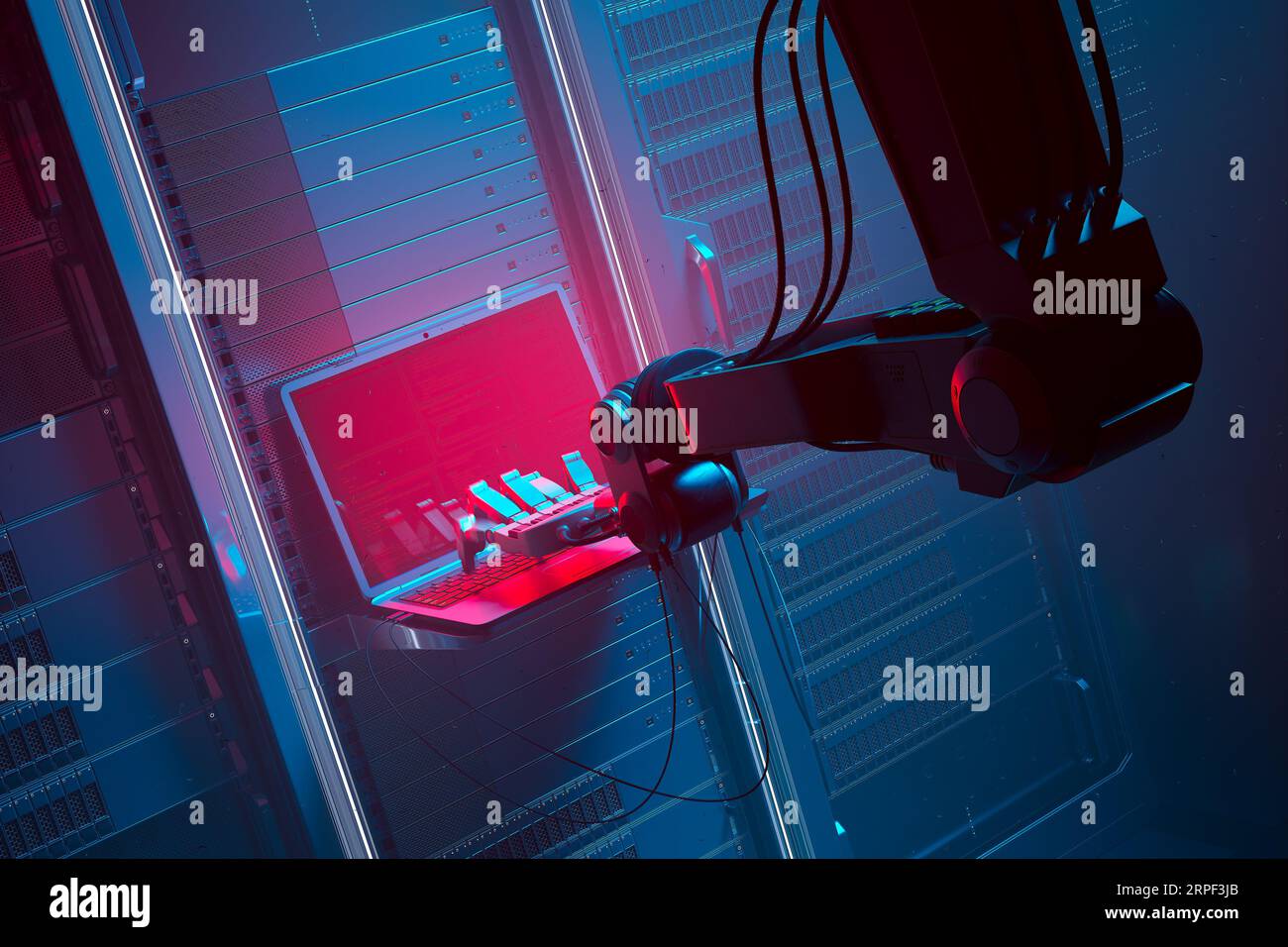 Robot hacking servers. AI hacker. Mechanical robot hand typing on the ...