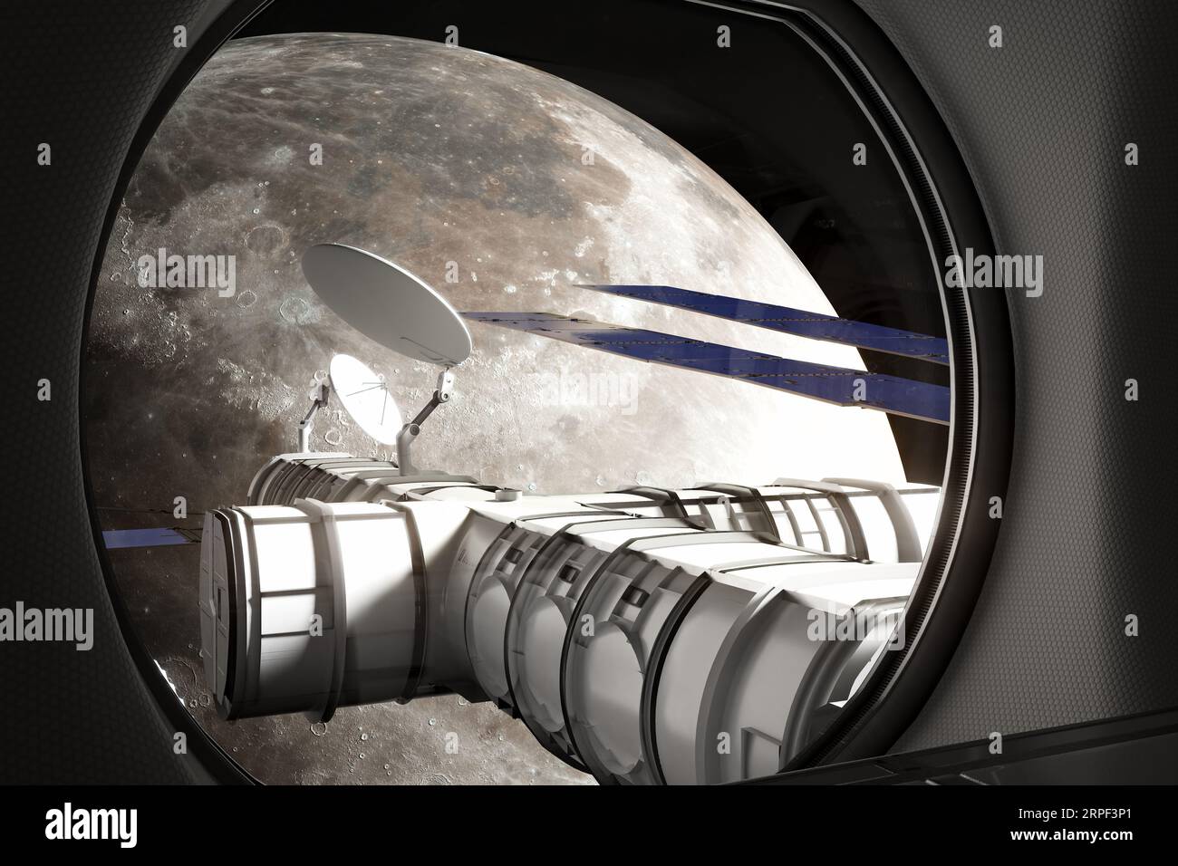 Beautiful view of the moon from inside of a space station. Universe ...