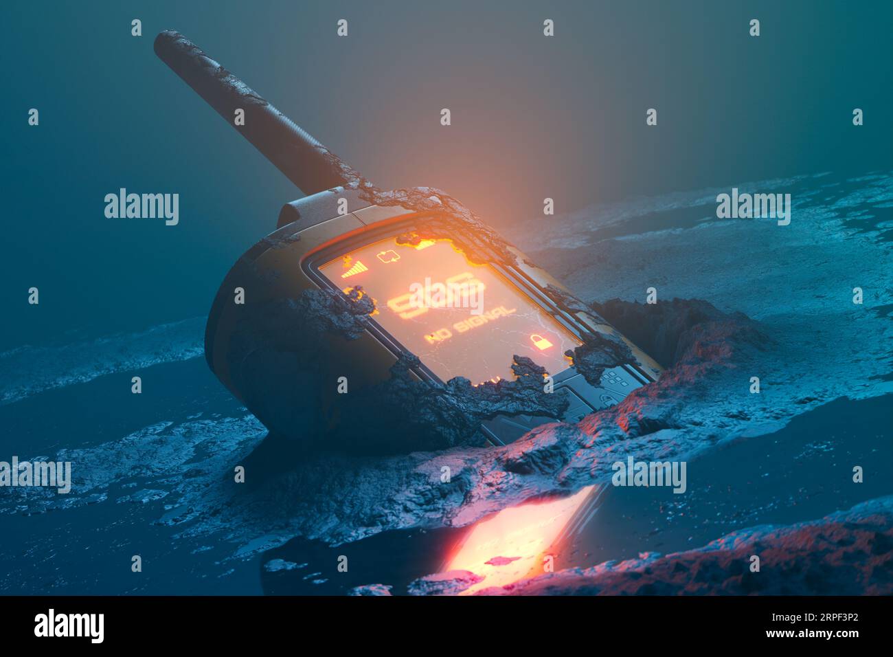 Close up of walkie-talkie left on the ground screen showing glowing SOS ...