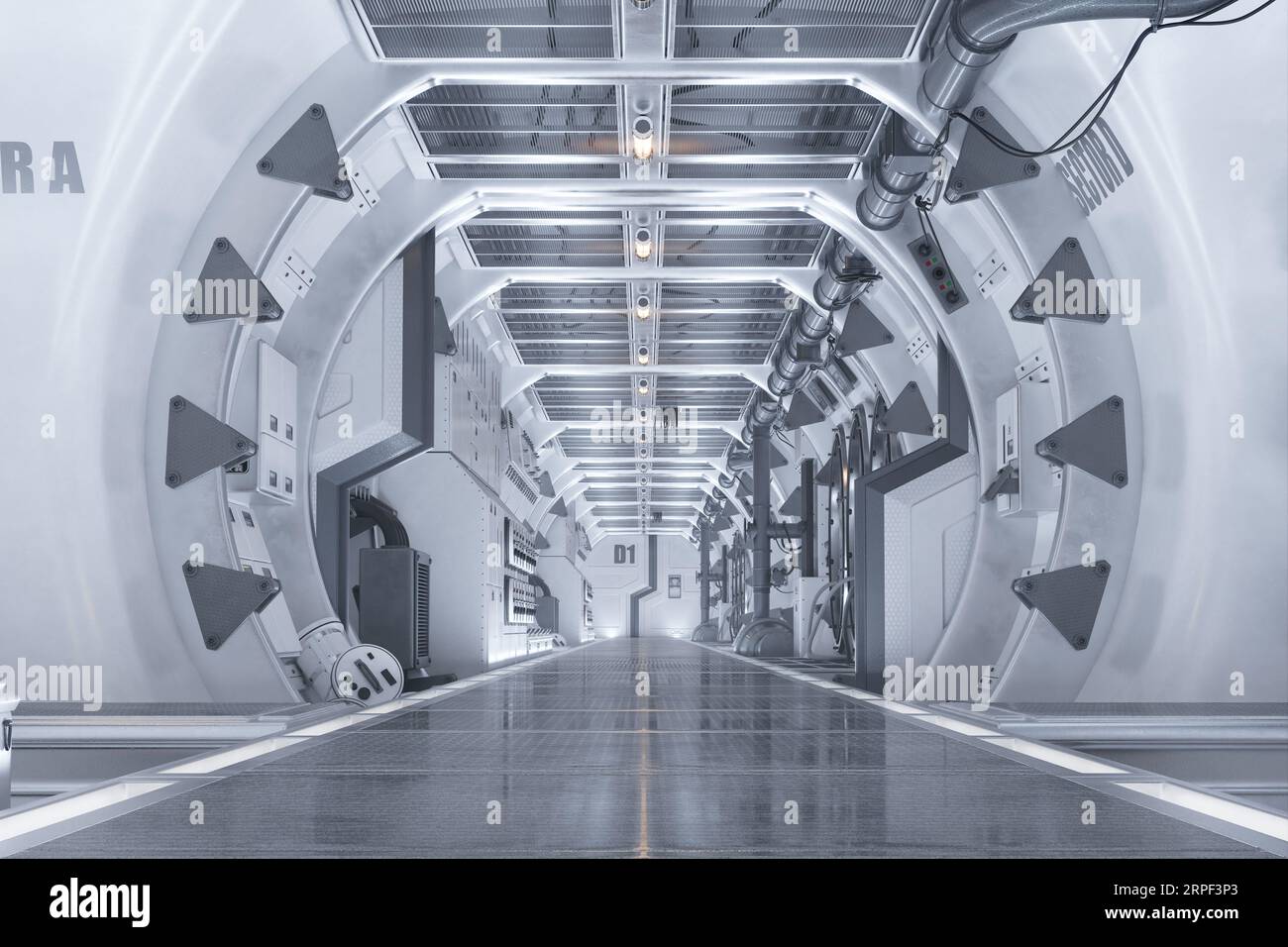 Long, bright, oval, empty science-fiction spaceship corridor in a ...