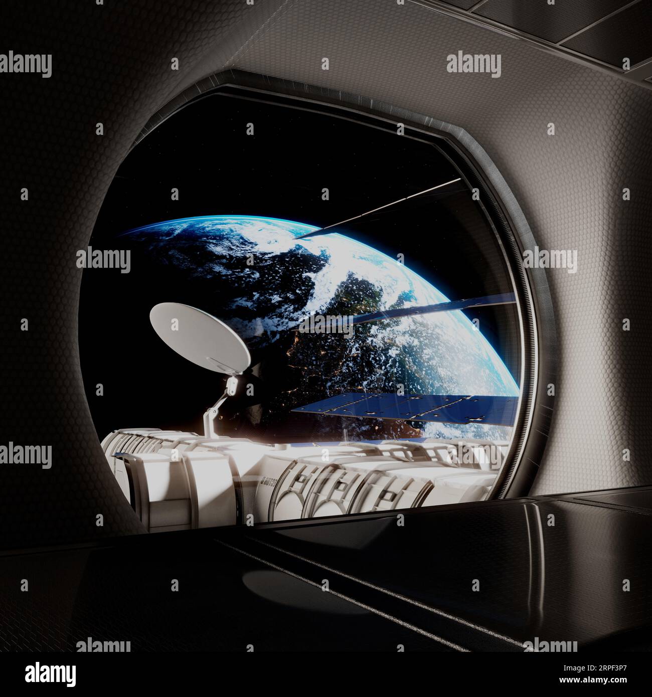 Beautiful view of Earth from inside of a space station. Universe ...