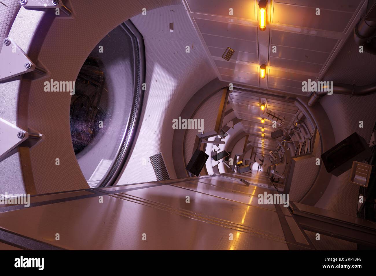 Dark futuristic spacecraft corridor. Countless objects floating in zero ...