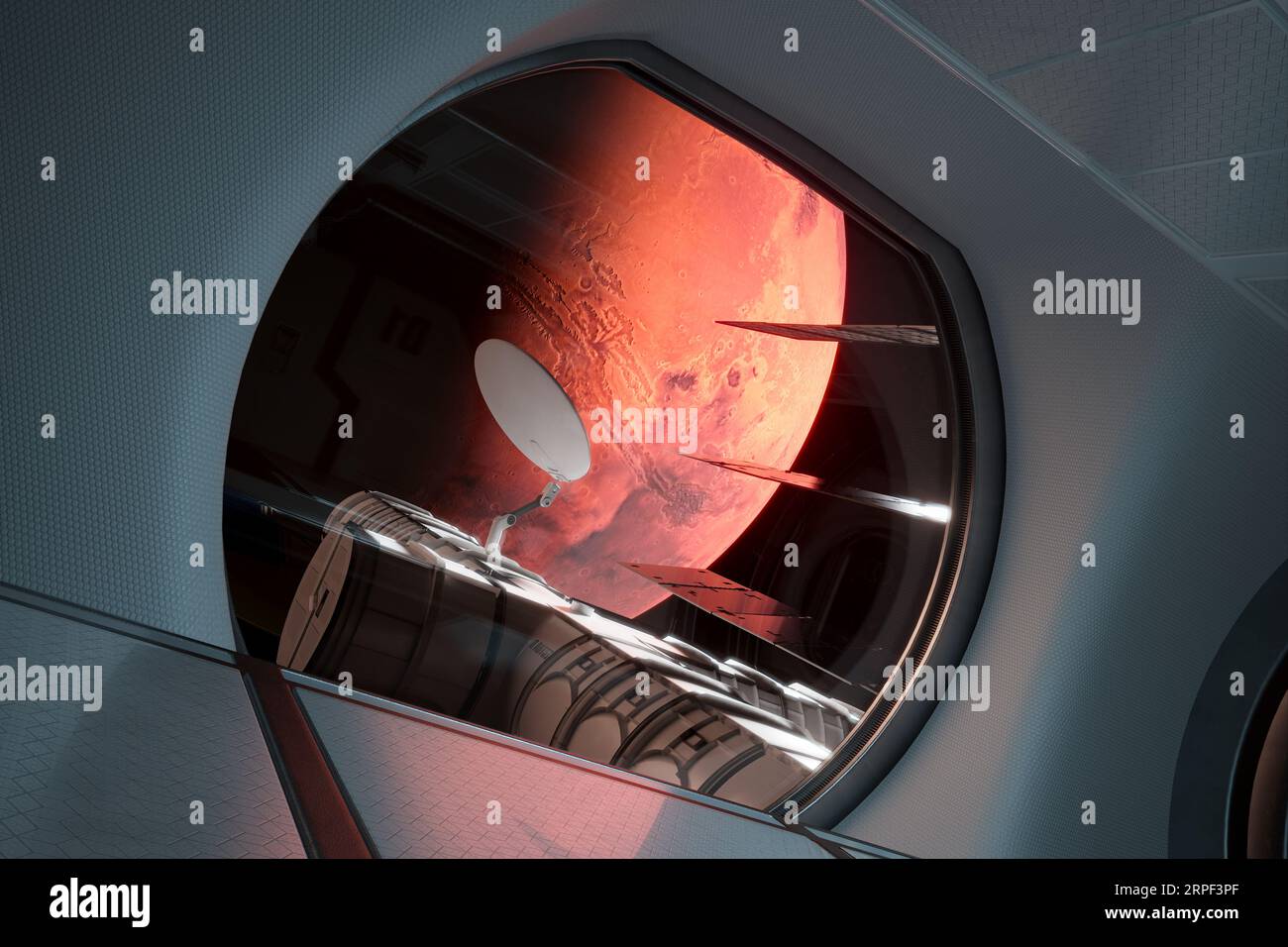 Beautiful view of Mars from inside of a space station. Universe ...