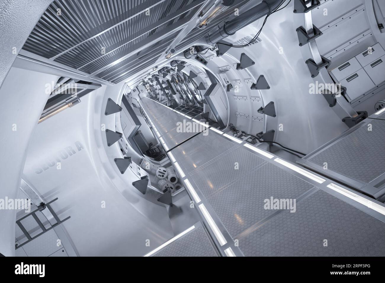 Long, bright, oval, empty science-fiction spaceship corridor in a ...