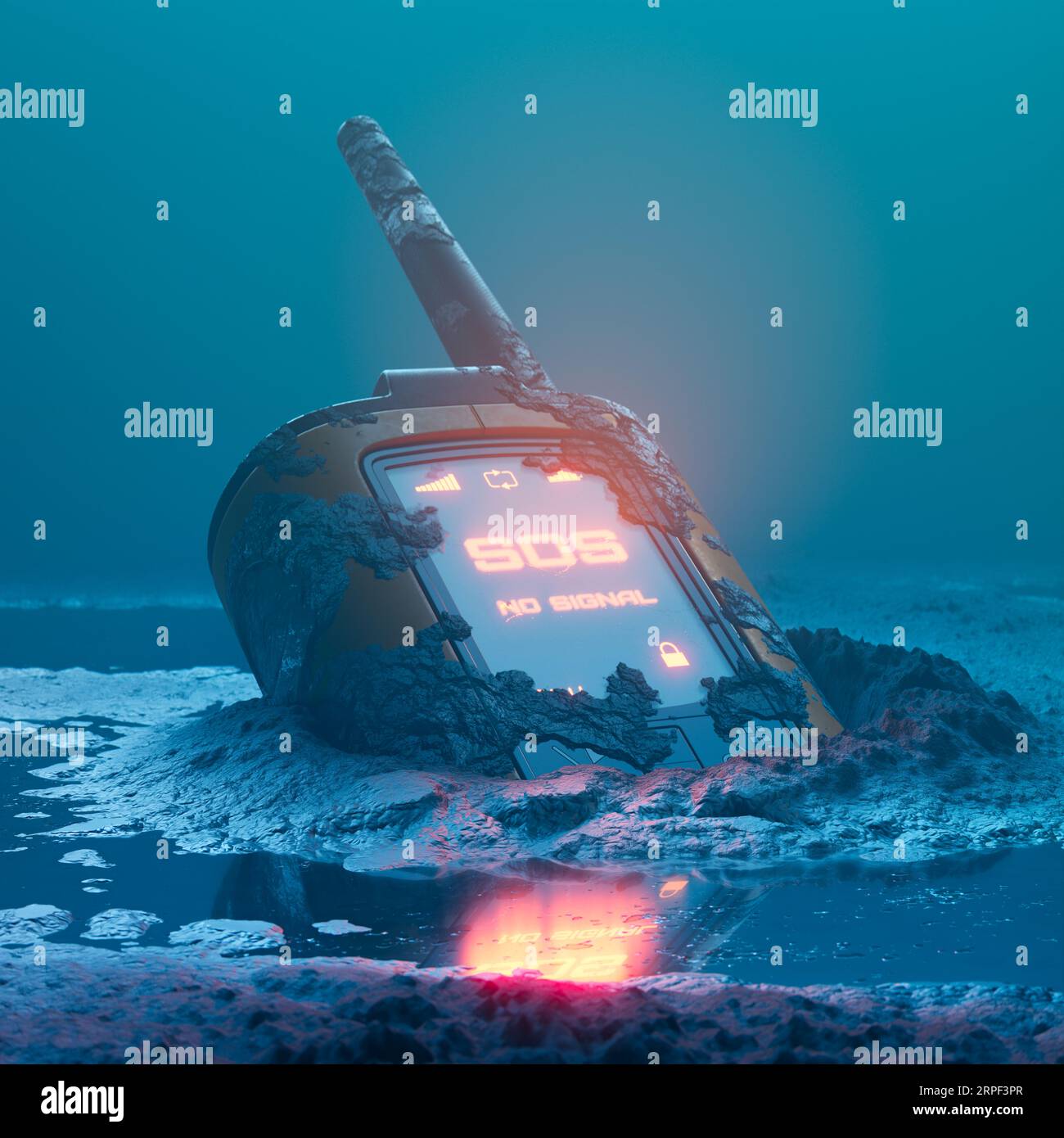 Close up of walkie-talkie left on the ground screen showing glowing SOS ...