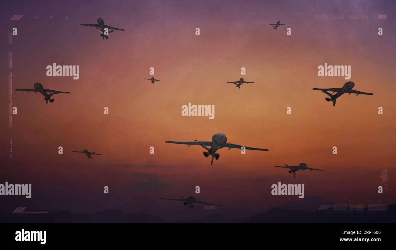 UAV drone swarm, attack from red sky concept. Remote control aircrafts ...