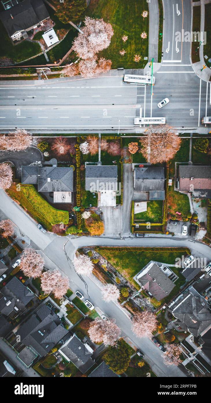 An aerial view of a residential neighborhood with a road running ...