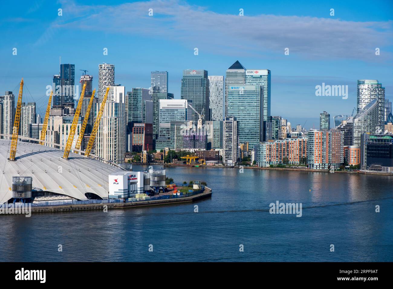 View of Greenwich Peninsula with O2 and skyline of London with ...