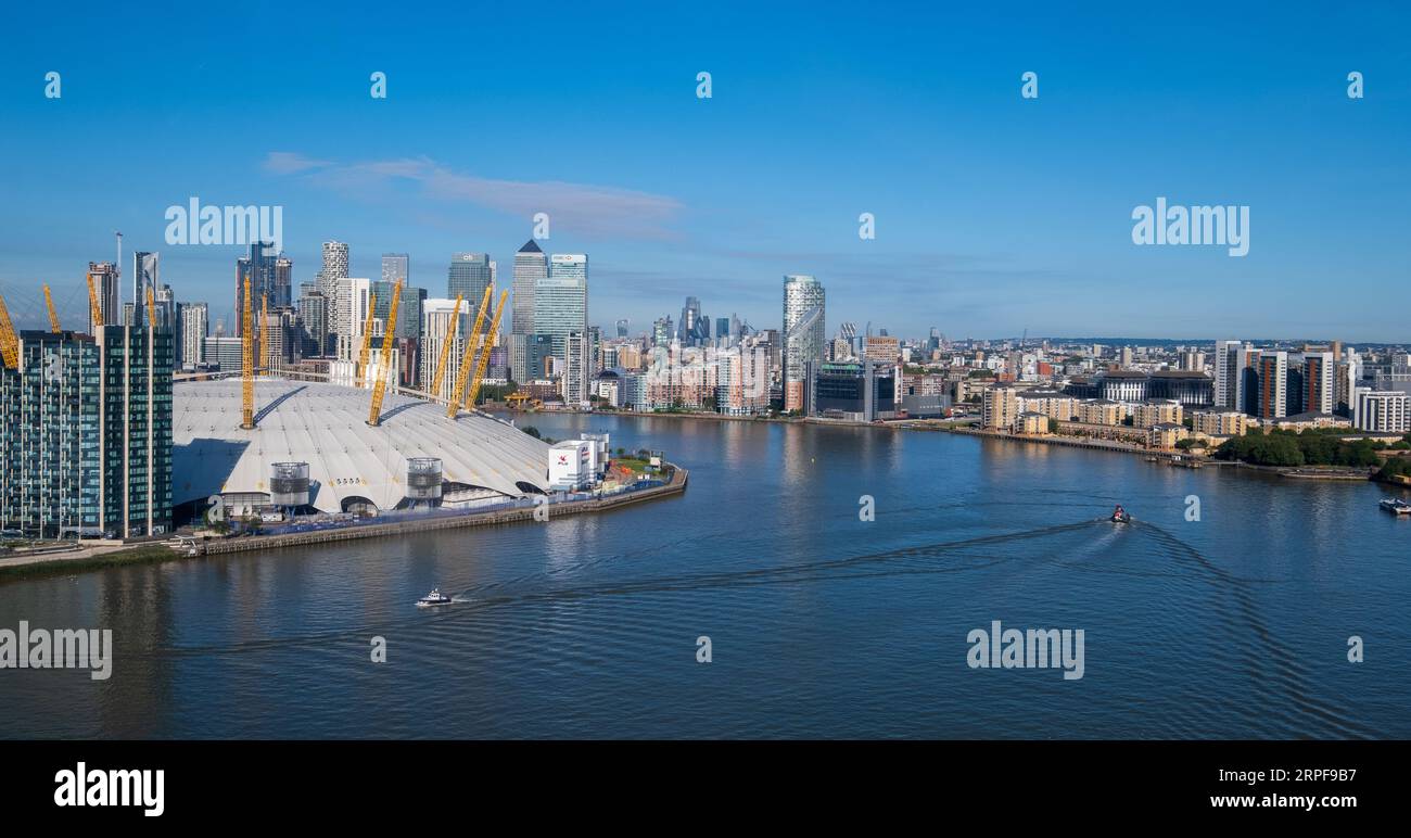 View of Greenwich Peninsula with O2 and skyline of London with ...