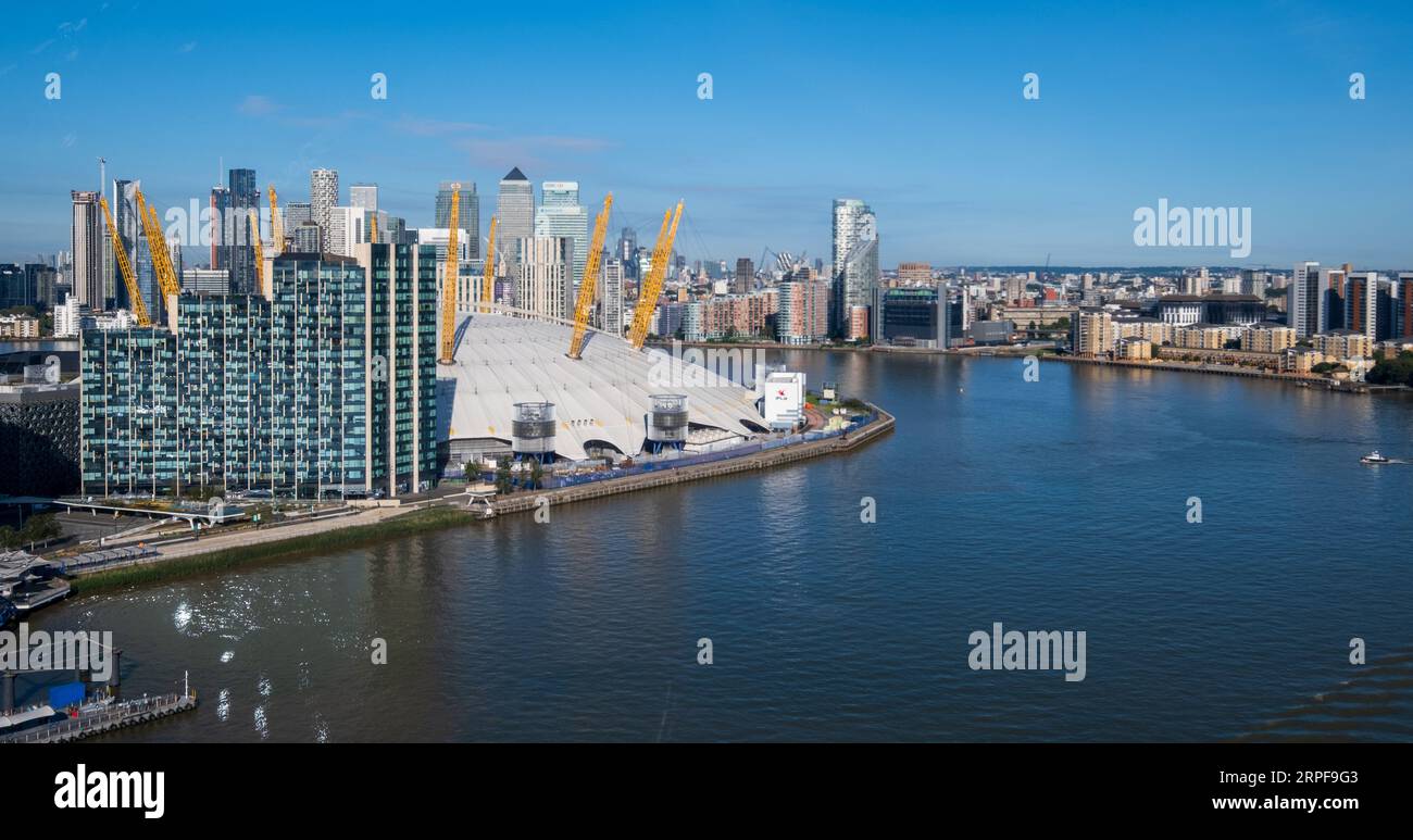 View of Greenwich Peninsula with O2 and skyline of London with ...