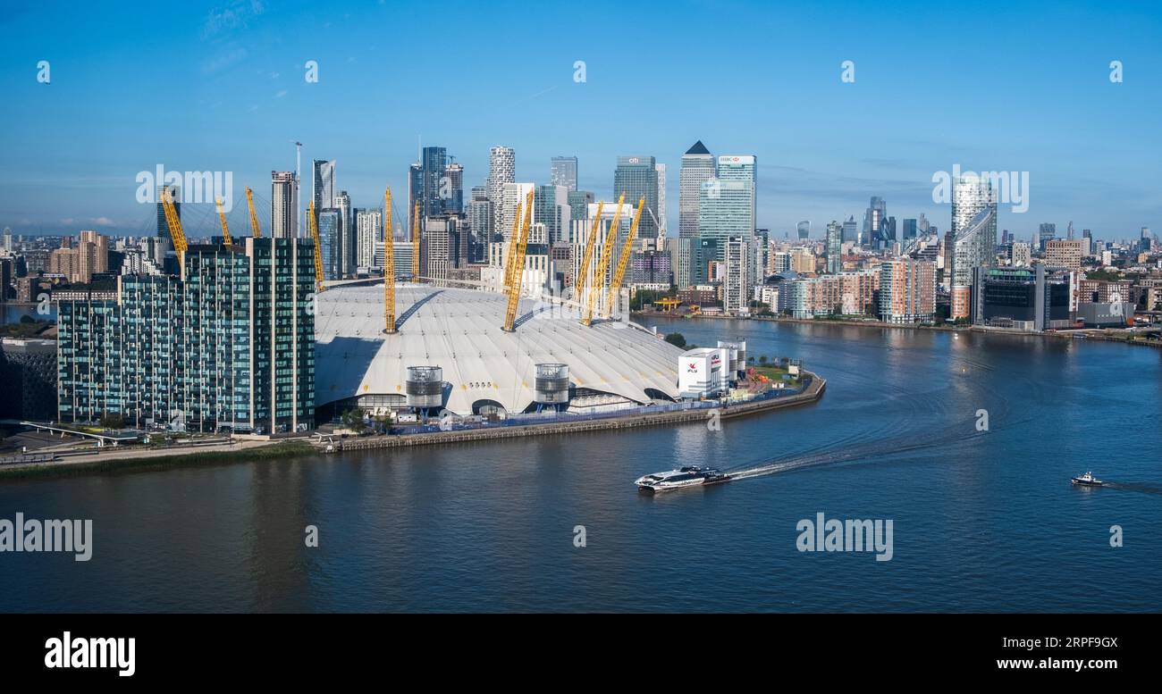 View of Greenwich Peninsula with O2 and skyline of London with ...