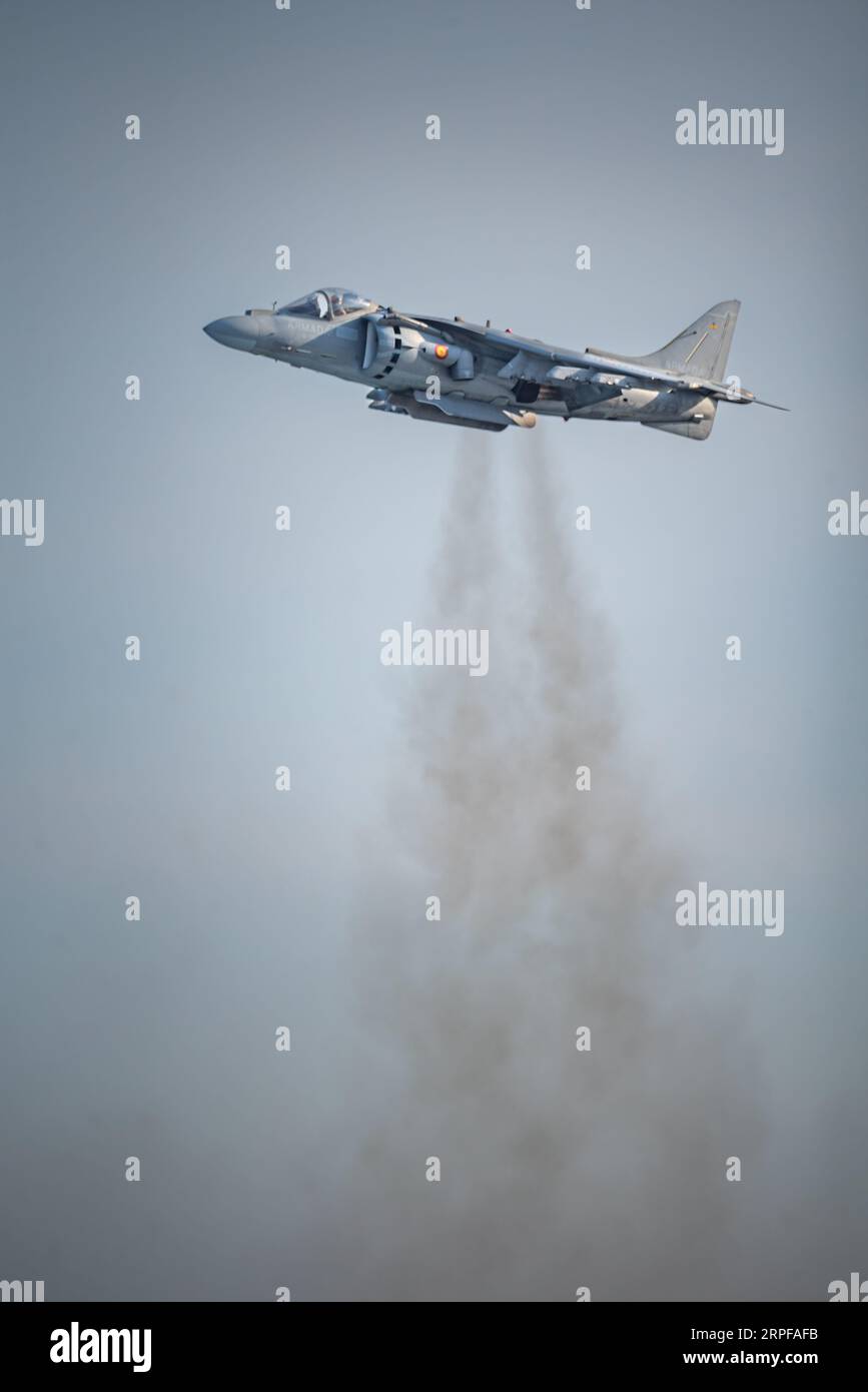Harrier jet plane of the Spanish Navy rising vertically at the Armed ...