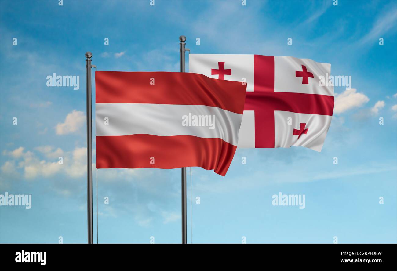 Georgia flag and Austria flag waving together on blue sky, two country ...