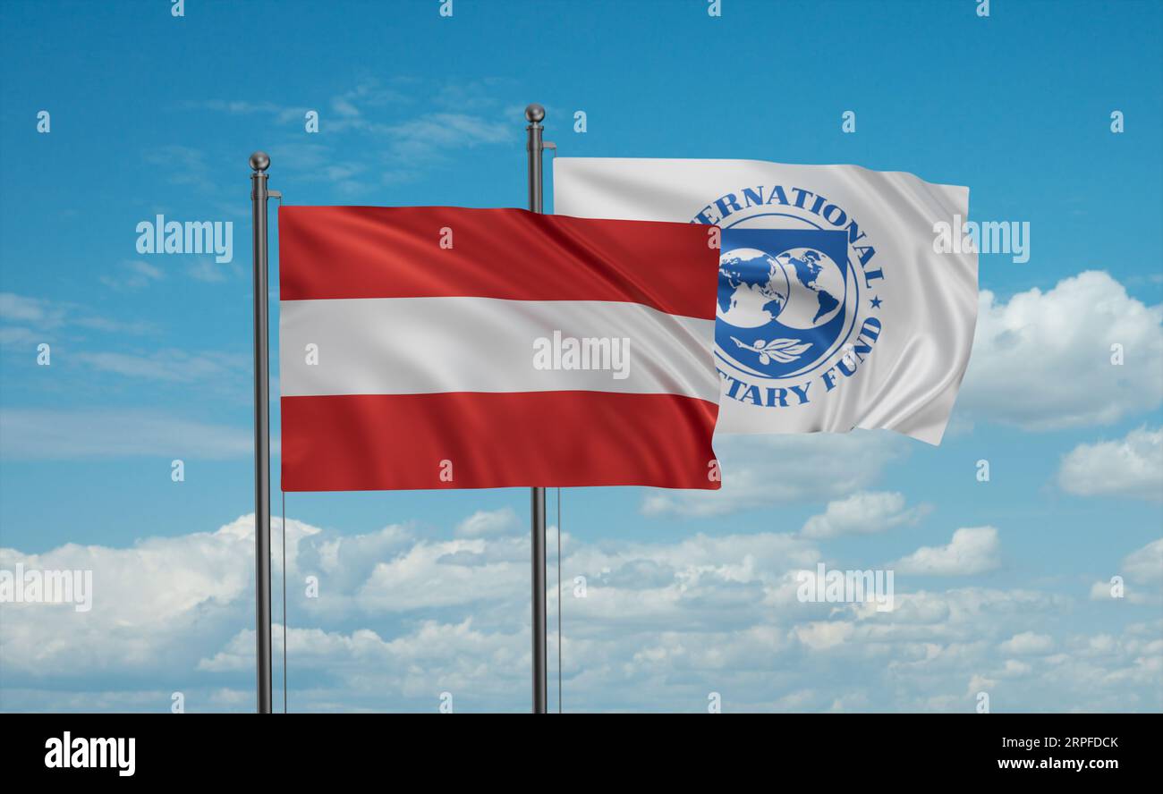 IMF International Monetary Fund flag and Austria flag waving together ...