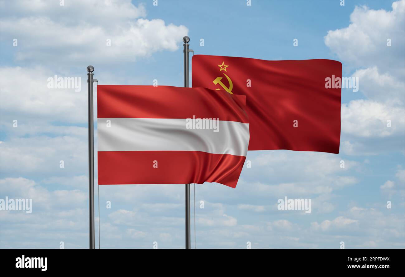 Soviet Union or USSR and Austria flag waving together in the wind on ...