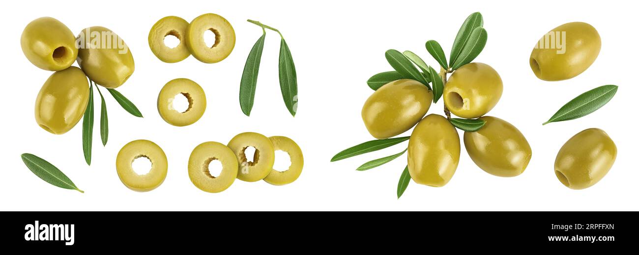 Green olives with leaves isolated on a white background with full depth ...