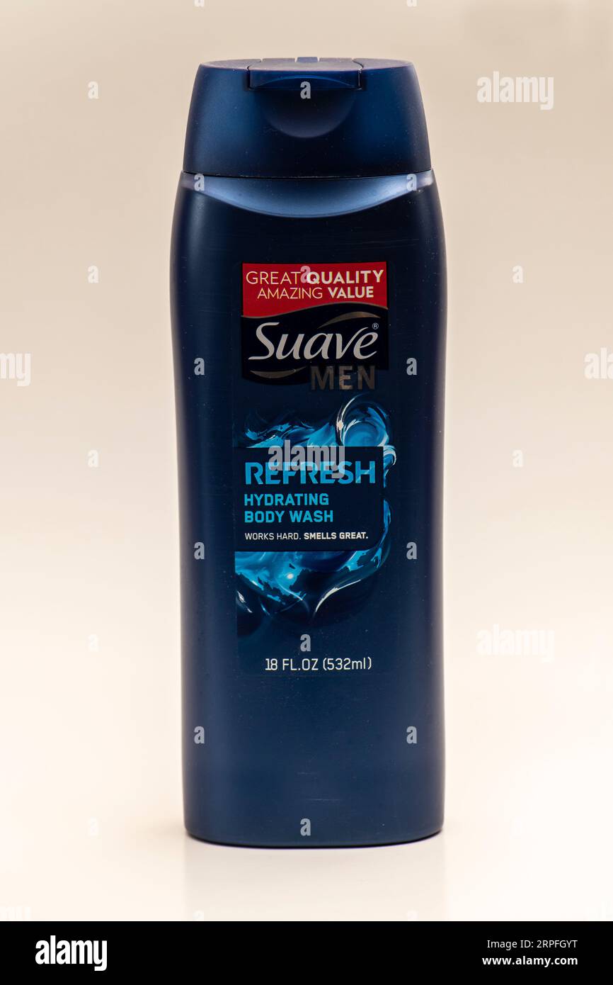 A bottle of Suave hydrating body wash on white background Stock Photo ...