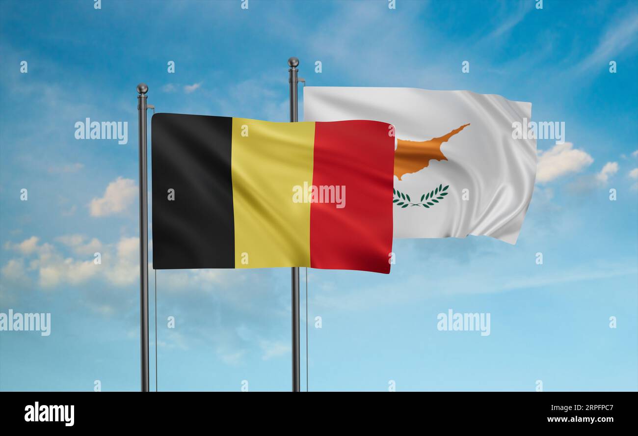 Cyprus flag and Belgium flag waving together on blue sky, two country ...