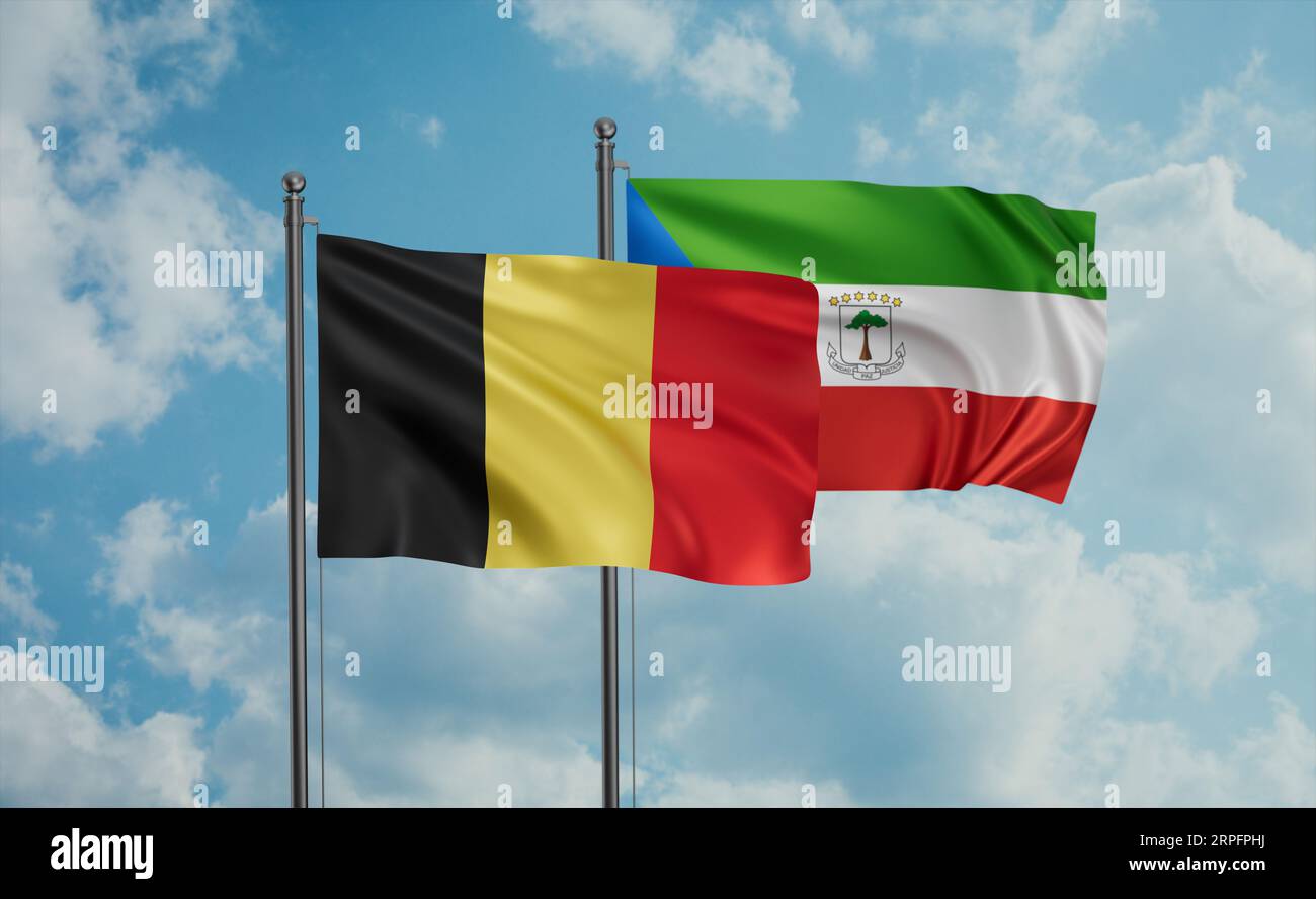 Equatorial Guinea flag and Belgium flag waving together on blue sky ...