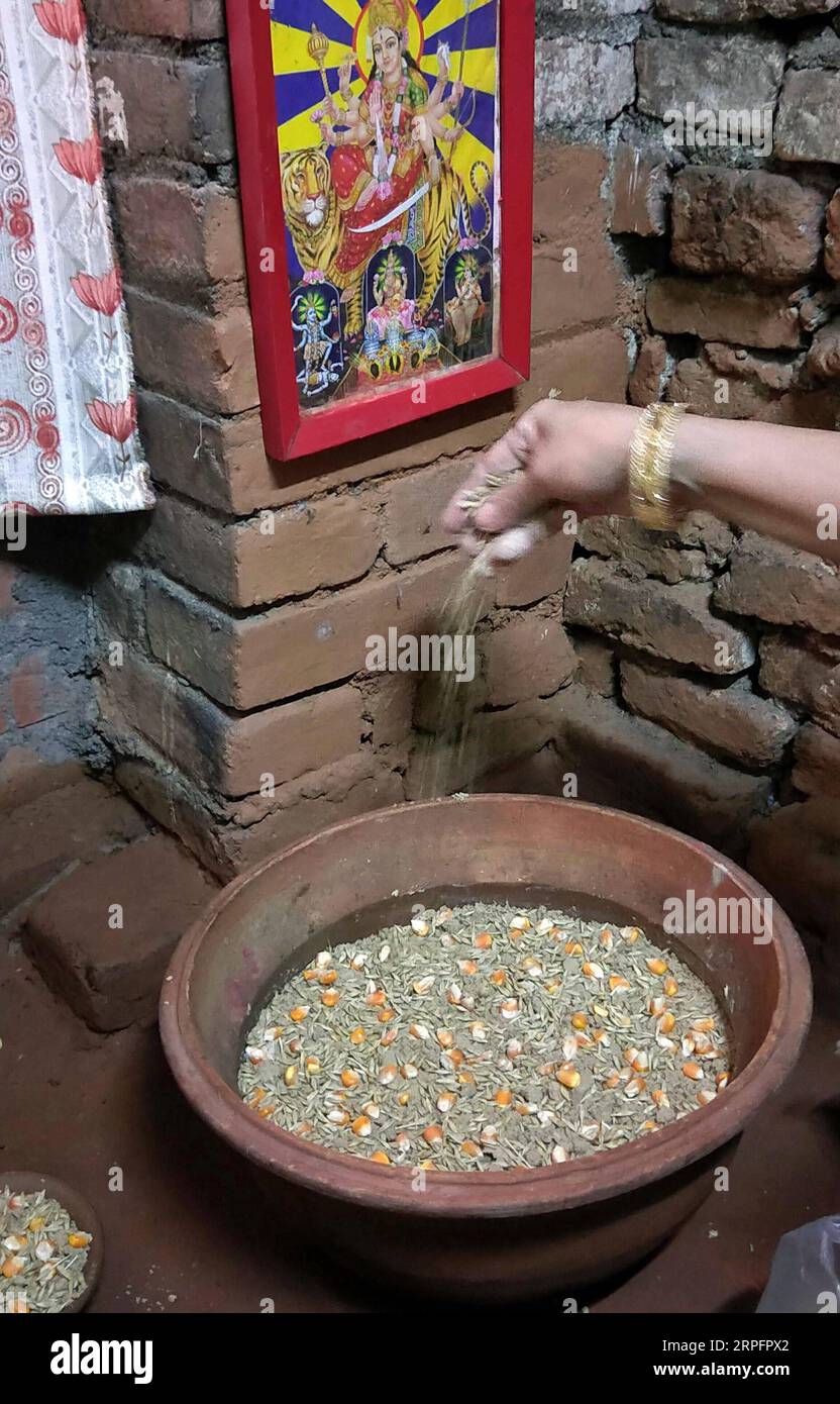 190929 -- KATHMANDU, Sept. 29, 2019 Xinhua -- A priest sows Jamara ...