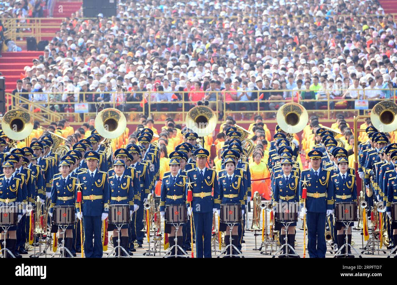 191001 -- BEIJING, Oct. 1, 2019 -- Military band members prepare before ...