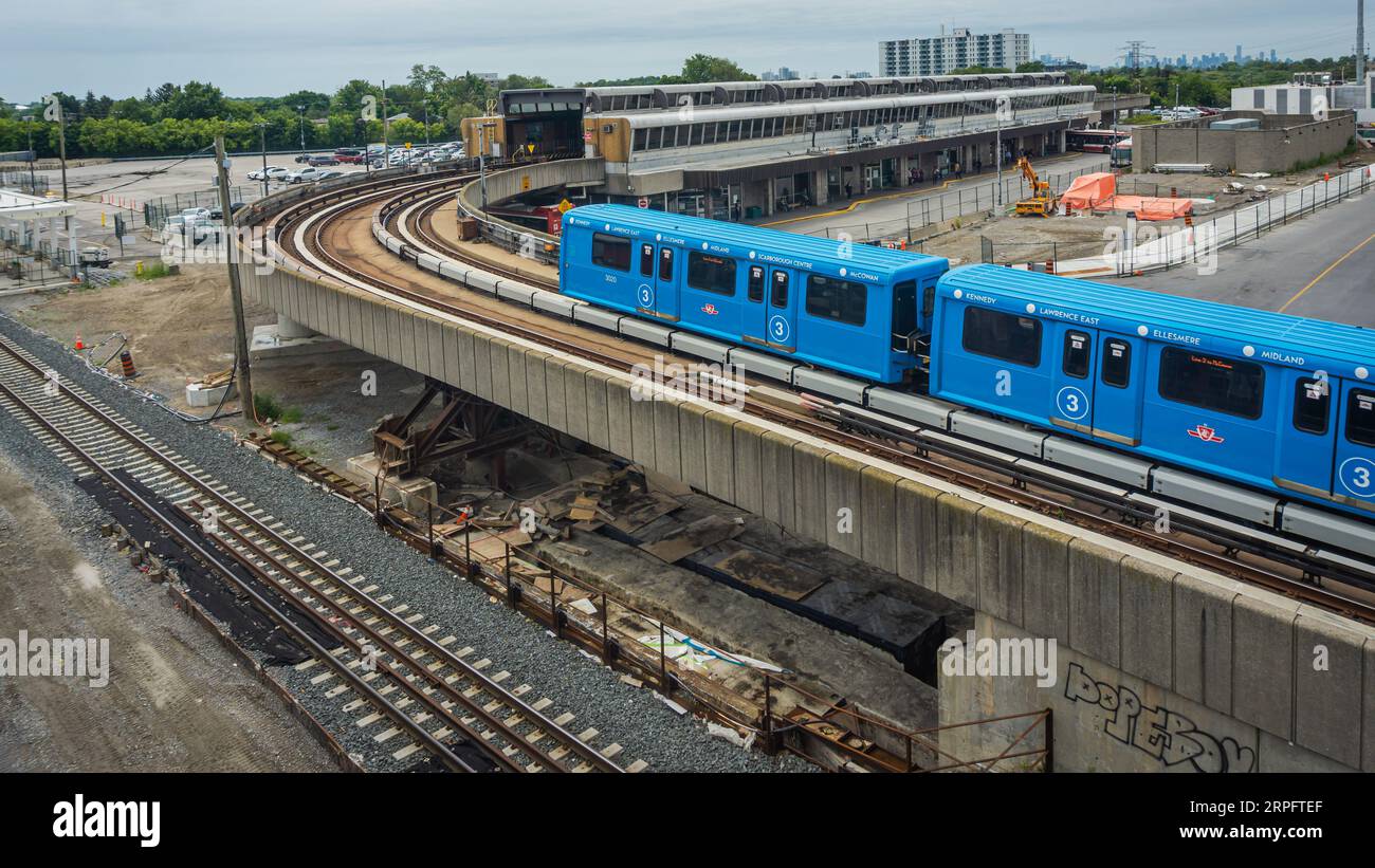 Scarborough, Ontario, Canada, 15 June 2022 - Blue SRT train approaching ...