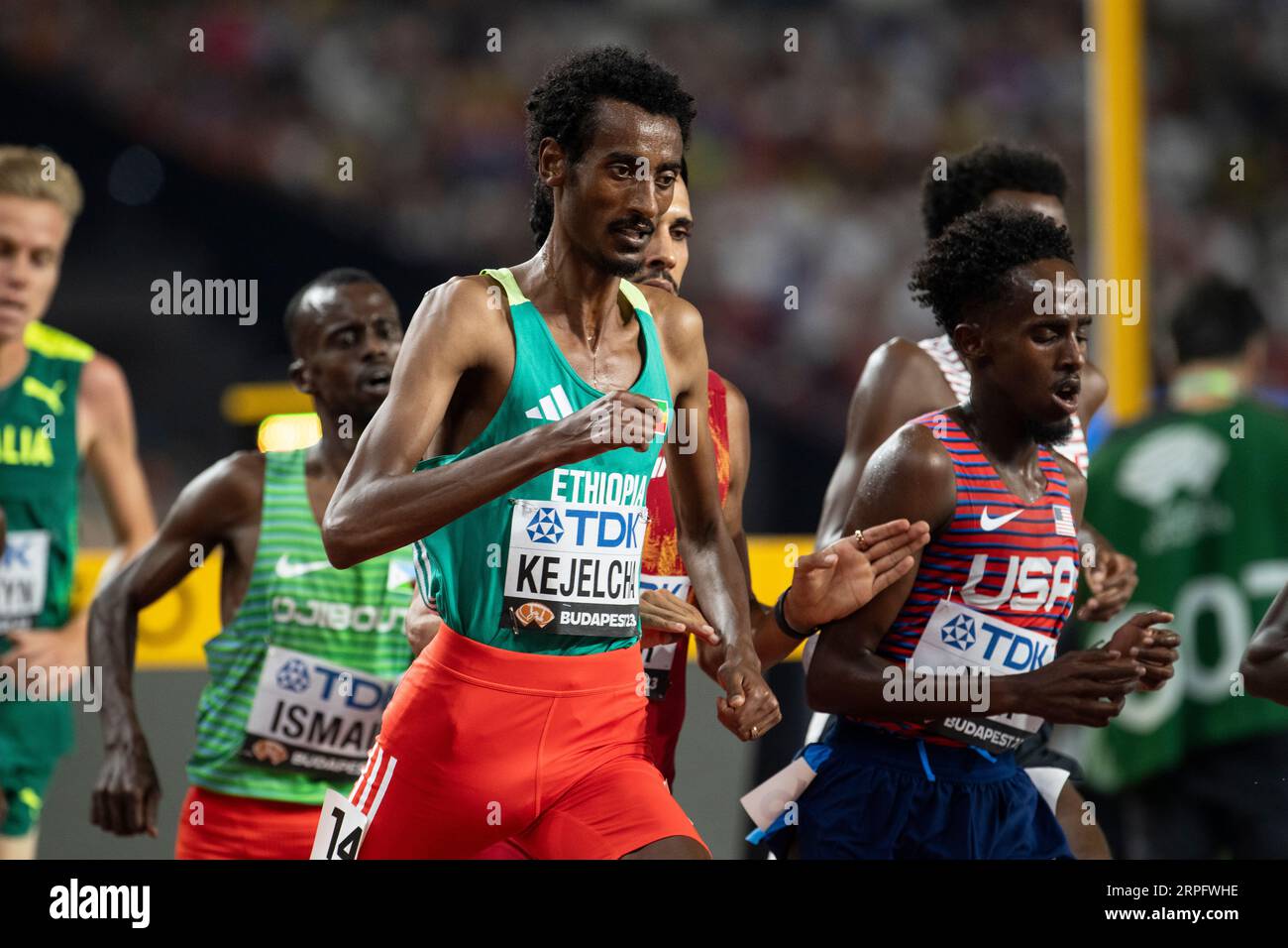 Yomif Kejelcha of Ethiopia competing in the men’s 5000m final on day 9 ...