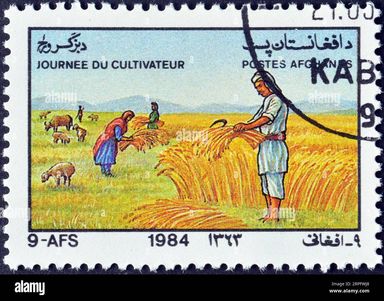 Cancelled postage stamp printed by Afghanistan, that shows Harvesting ...