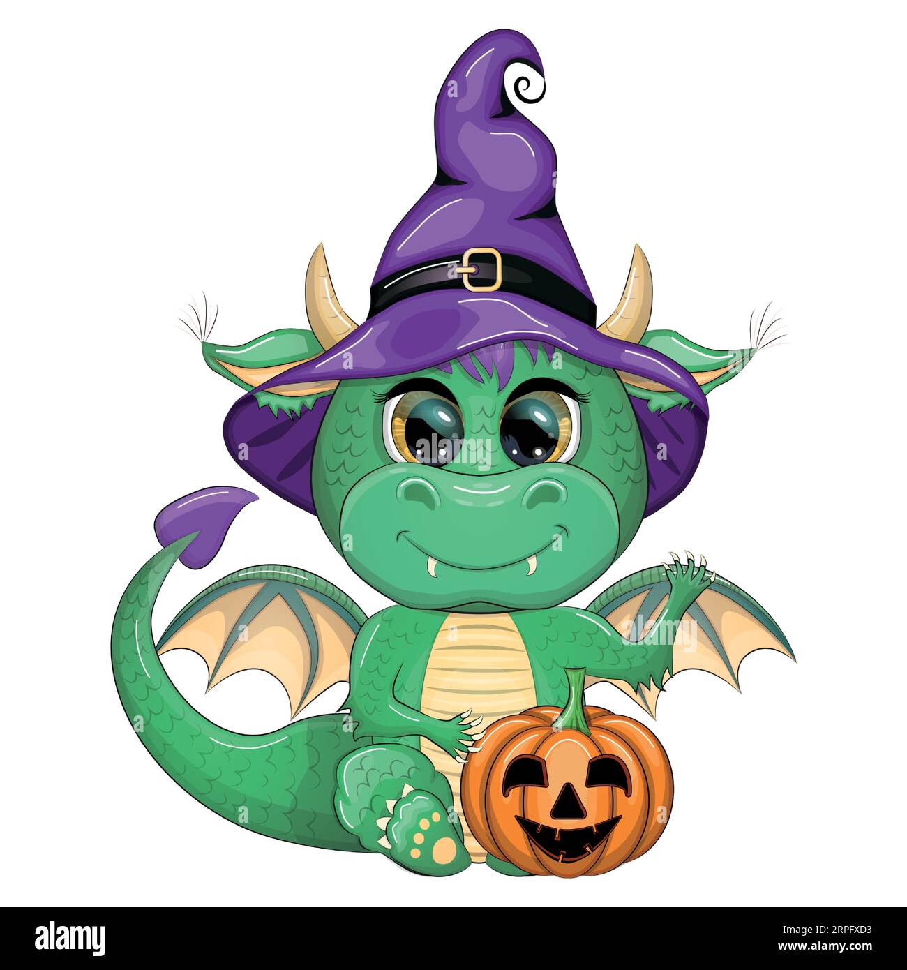 Cute cartoon green dragon in a purple magic hat, Halloween. Pumpkin ...