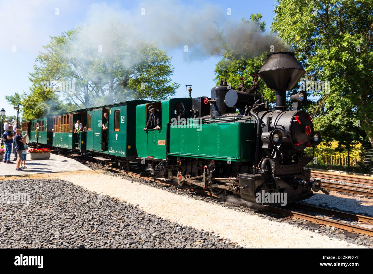 Nagycenki Szechenyi Muzeumvasut narrow gauge railway. Passenger train ...